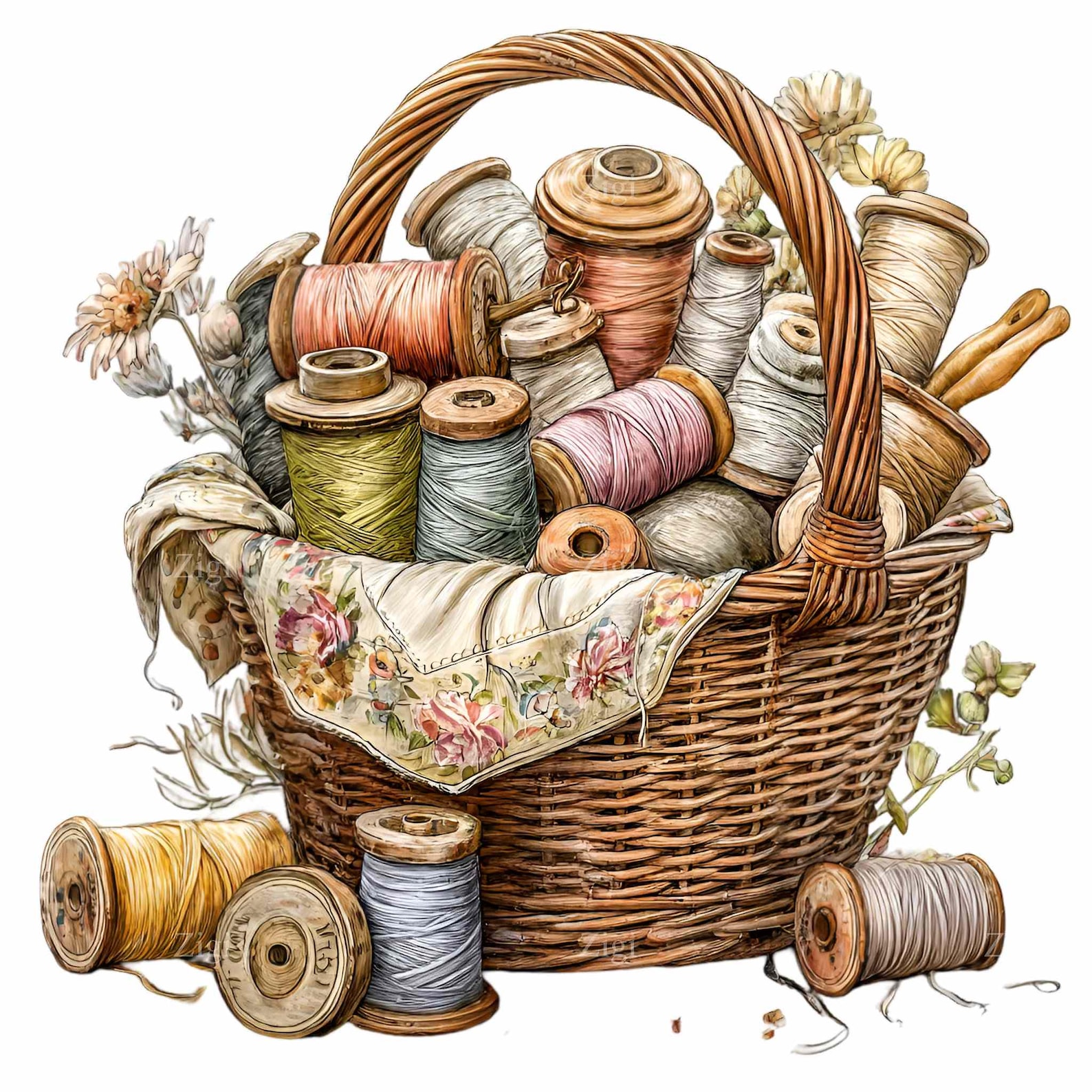 11 PNG Vintage Sewing Basket, Thread Spools Clipart, Craft Room ...