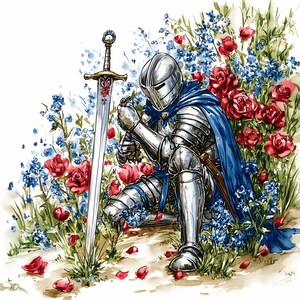 24 JPEG Medieval Knight With Sword and Roses Clipart JPG, Armor Warrior ...