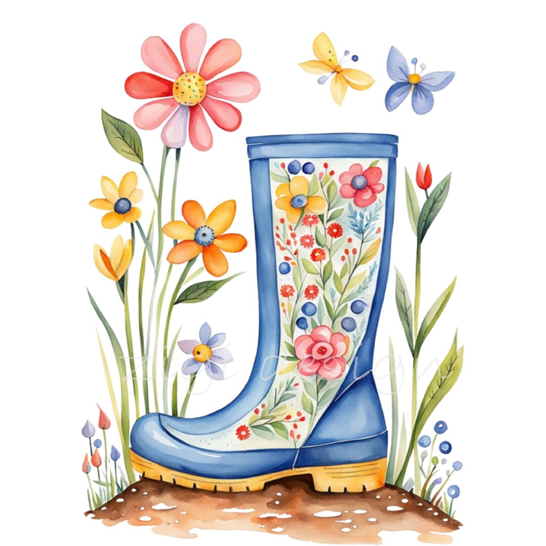 Floral Rain Boot PNG Clipart, 30 Watercolor Garden Boot & Flowers ...