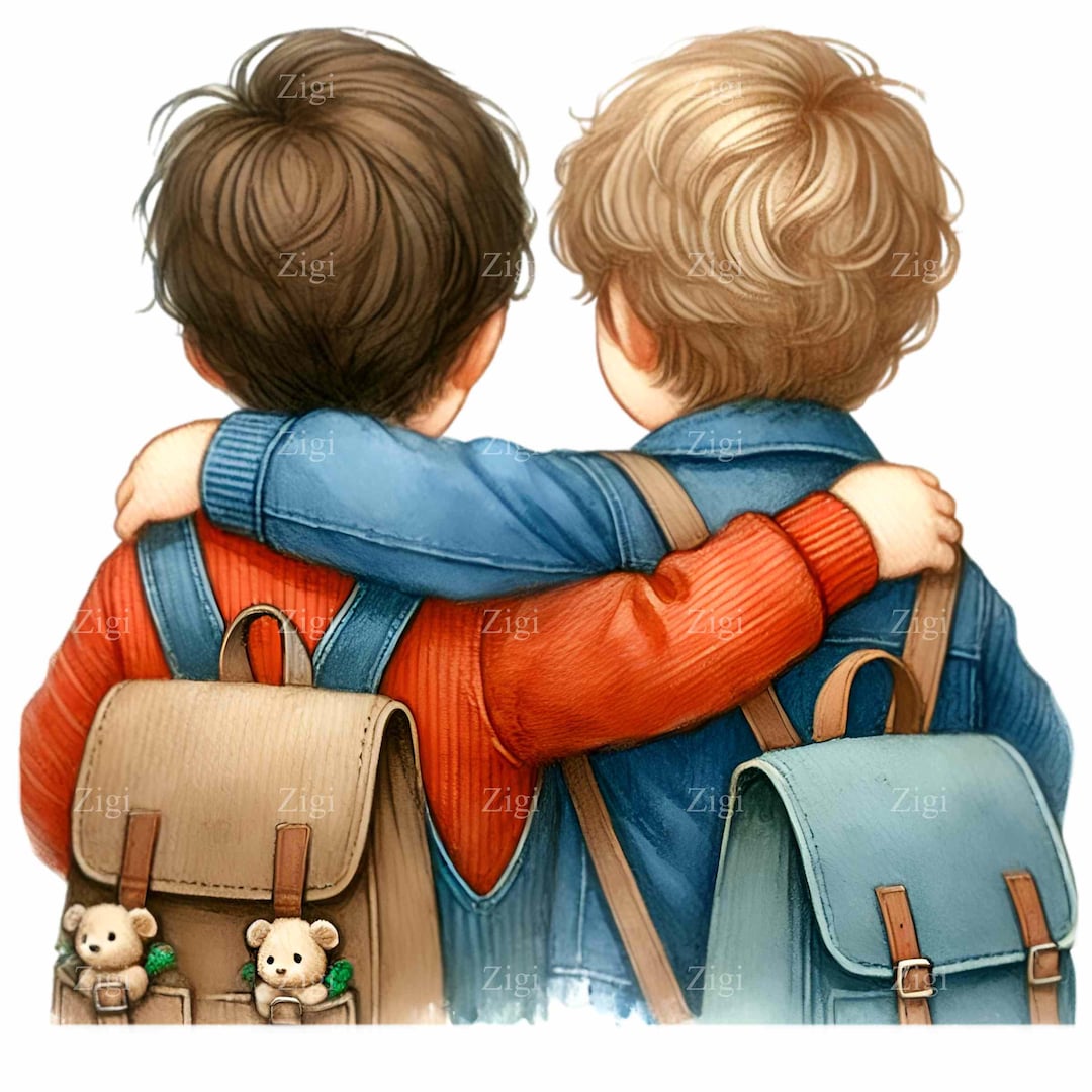 12 Two Boys Hugging PNG Clipart, Kids With Backpacks Illustration ...