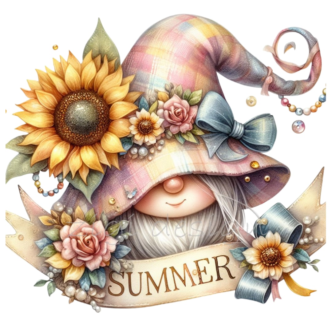 Summer Gnome Clipart, 10 PNG Watercolor Sign, Junk Journal, Card Making ...