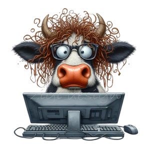 Cow Works on the Computer Office 10 PNG Comics Animal Funny ...