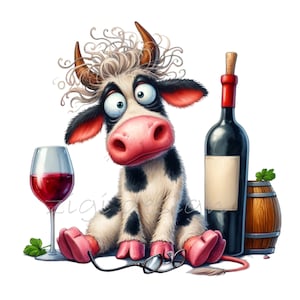 Comics Cow Drinking Wine 12 PNG Vineyard Barrel Funny Cartoon Illustration Clipart, Sublimation ...