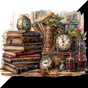 Vintage Bookshelf Clipart PNG, 15 Antique Books and Decor, Steampunk ...