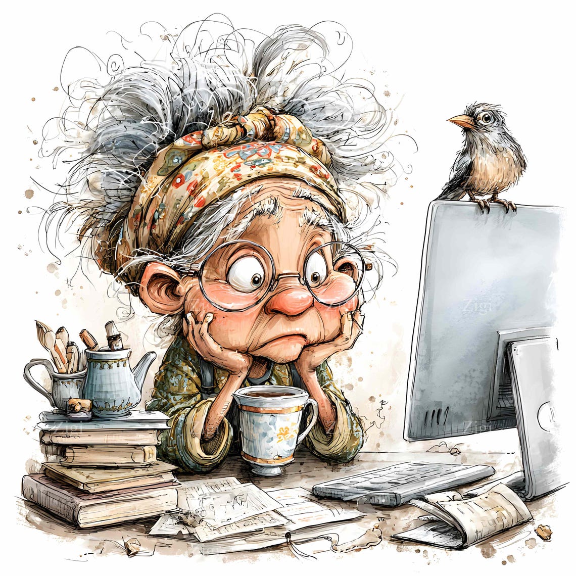 21 JPEG Funny Grandma – Computer Desk JPG Clipart – Whimsical Office ...