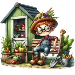 Cute Gardener Clipart, 10 Adorable Boy in Garden PNG, Whimsical ...