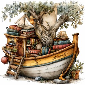 10 PNG Book Boat Clipart – Fantasy Reading Boat Illustration, Storybook ...