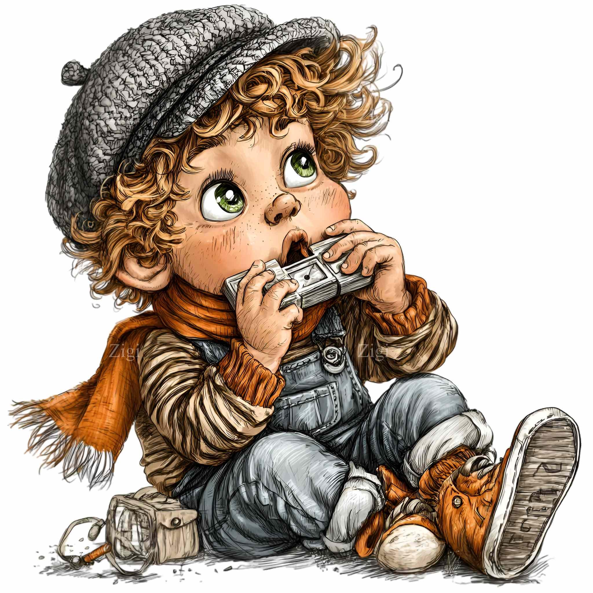 15 PNG Little Boy Playing Harmonica Clipart, Curly Hair Musical Child ...