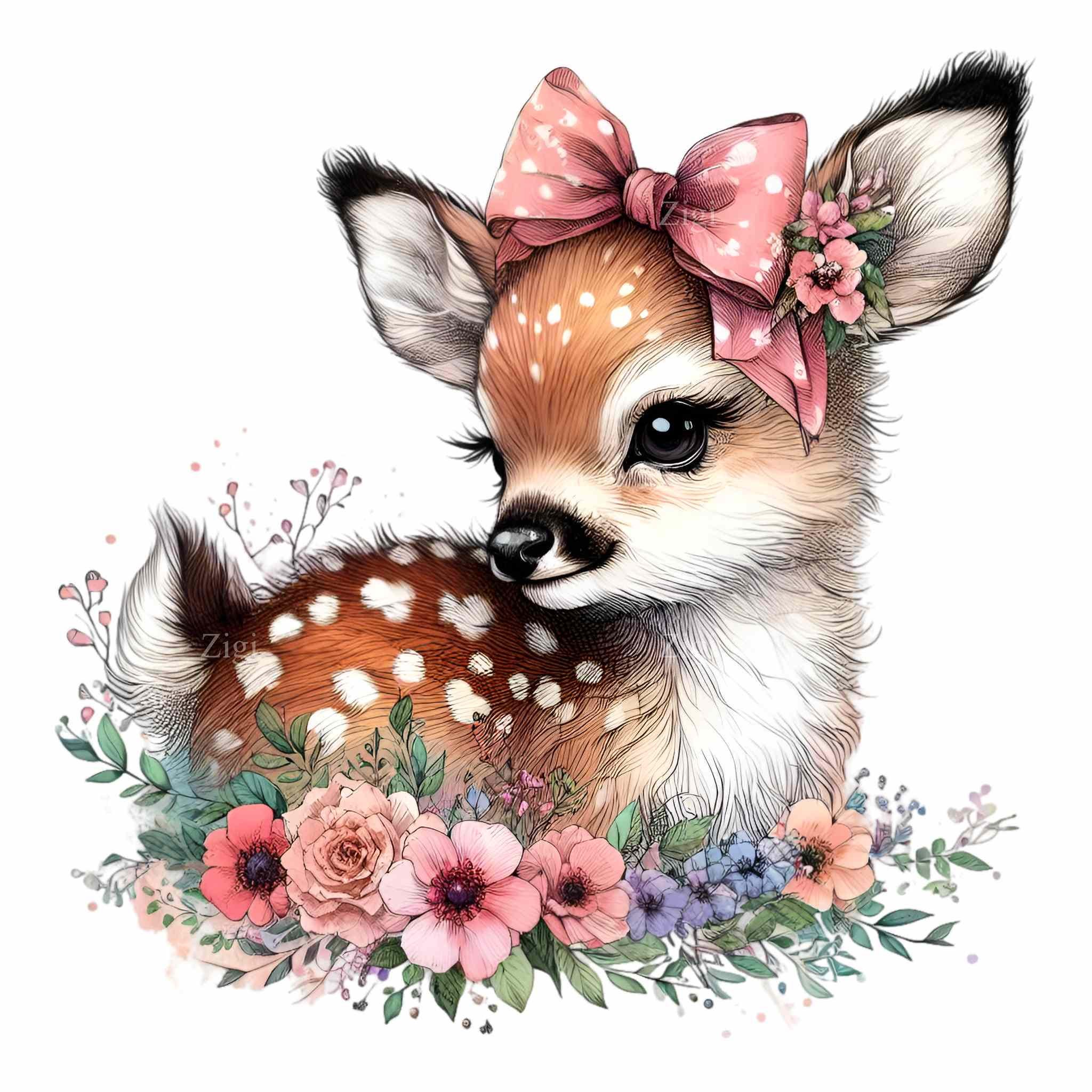 15 PNG Floral Baby Deer, Woodland Fawn Clipart, Pink Bow Messy Bun ...