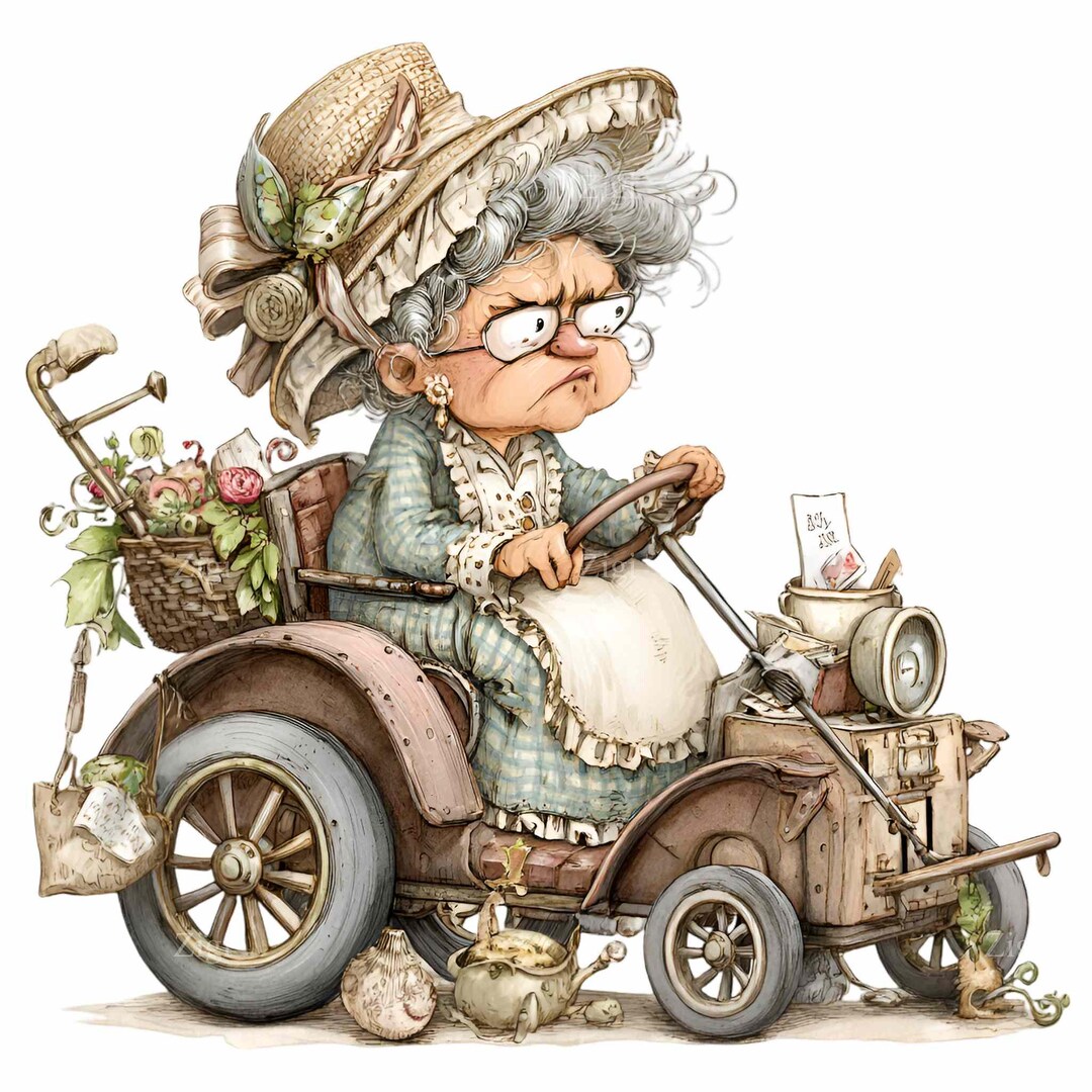 15 PNG Grumpy Grandma Driving Flower Tractor, Funny Granny Gardening ...