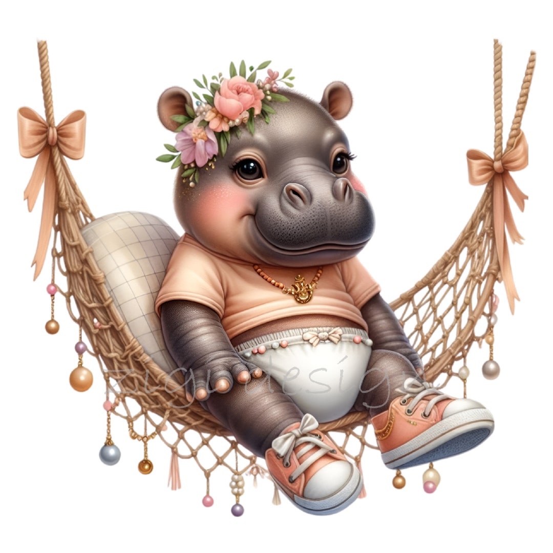 Adorable Baby Hippo Clipart 15 PNG, Cute Hippo in Hammock Illustration ...
