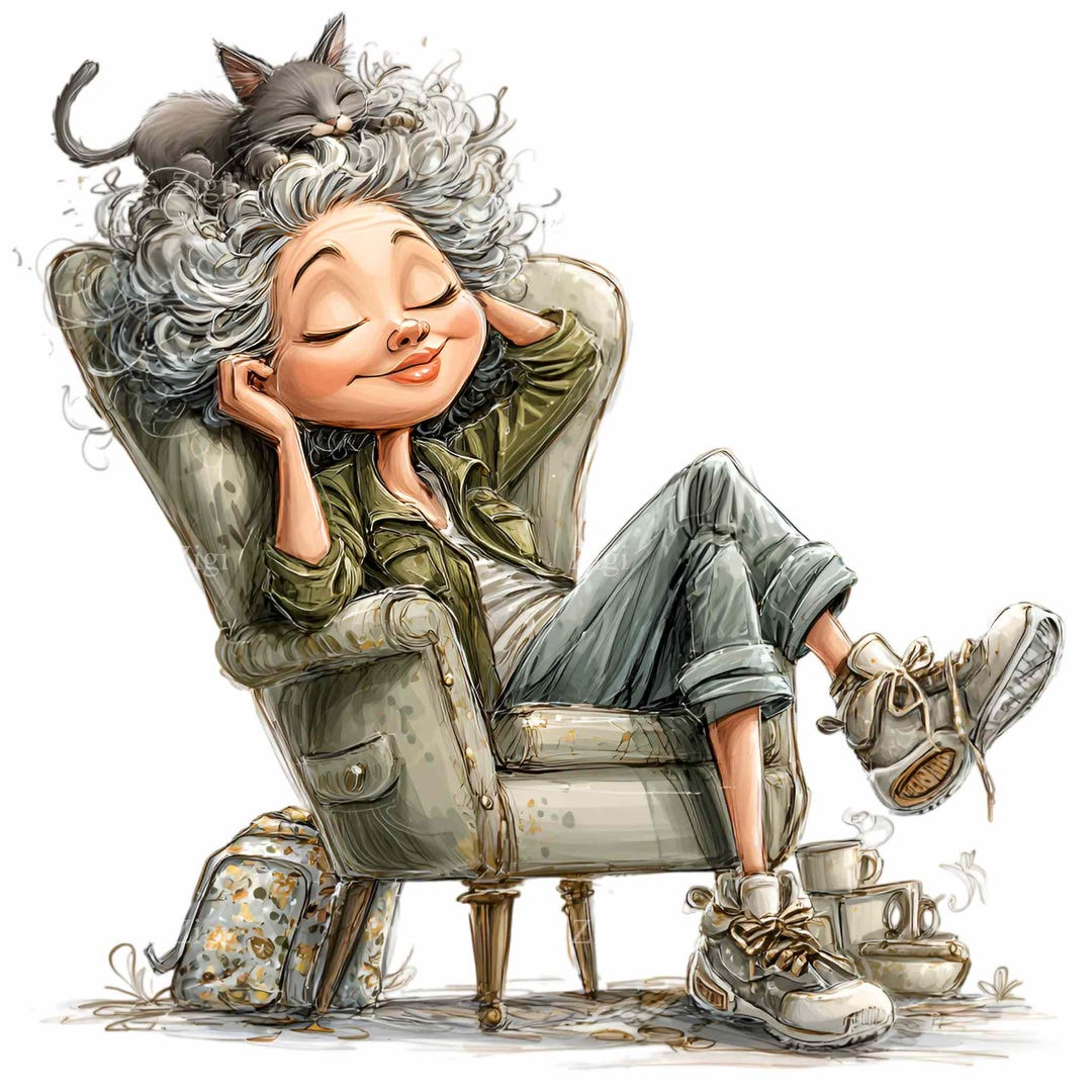 16 PNG Relaxed Girl Clipart With Cat – Whimsical Character Illustration ...