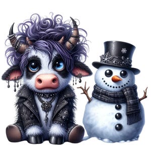 Gothic Cow With Snowman Watercolor Clipart 15 Quirky Winter Animal Art ...