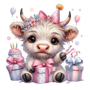 12 PNG Birthday Baby Cow Clipart – Farm Animal Party Hat Balloons Gifts ...