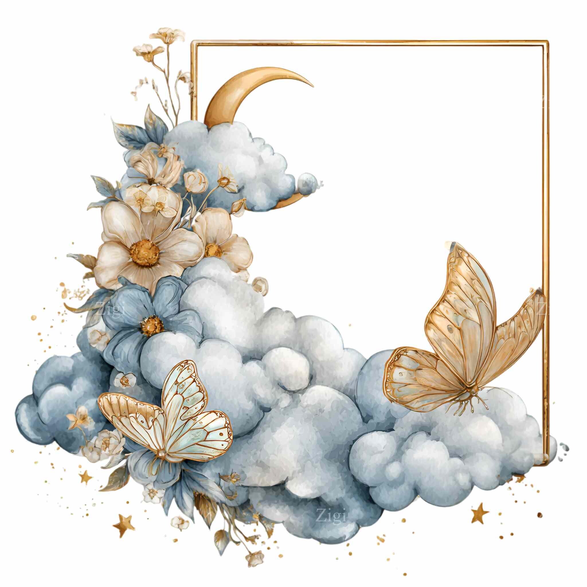 16 PNG Celestial Moon Frame PNG – Gold Clouds and Wings Clipart – Lunar ...