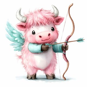 24 JPEG Cute Cupid Highland Cow Clipart JPEG Adorable Pink Cow With ...