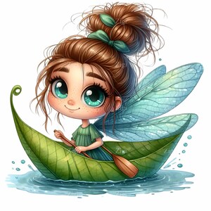 15 Dragonfly Girl Clipart PNG – Cute Bug Girl With Wings Rowing Leaf ...