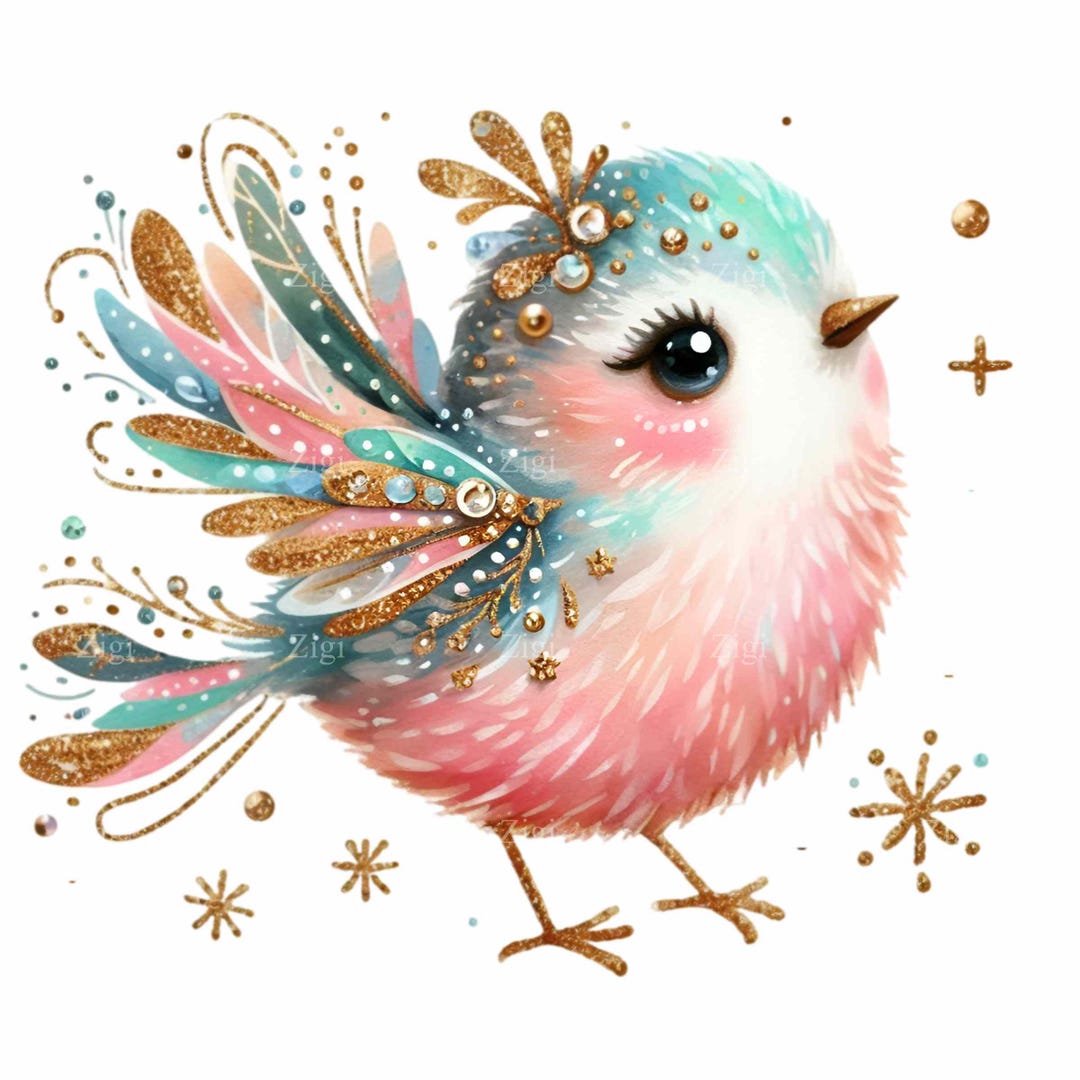 14 Bird With Gold Accents PNG Clipart. Adorable Pastel Bird ...
