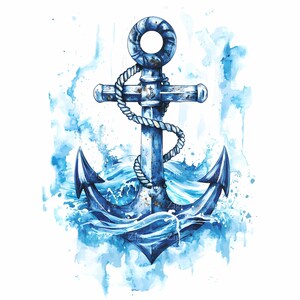 44 JPEG Watercolor Nautical Anchor Clipart - Ocean Splash Rope Anchor ...