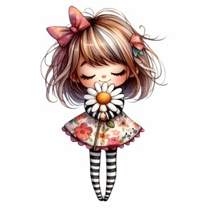 Girl With Daisy Clipart PNG | 15 Floral Art | Cute Digital Illustration ...