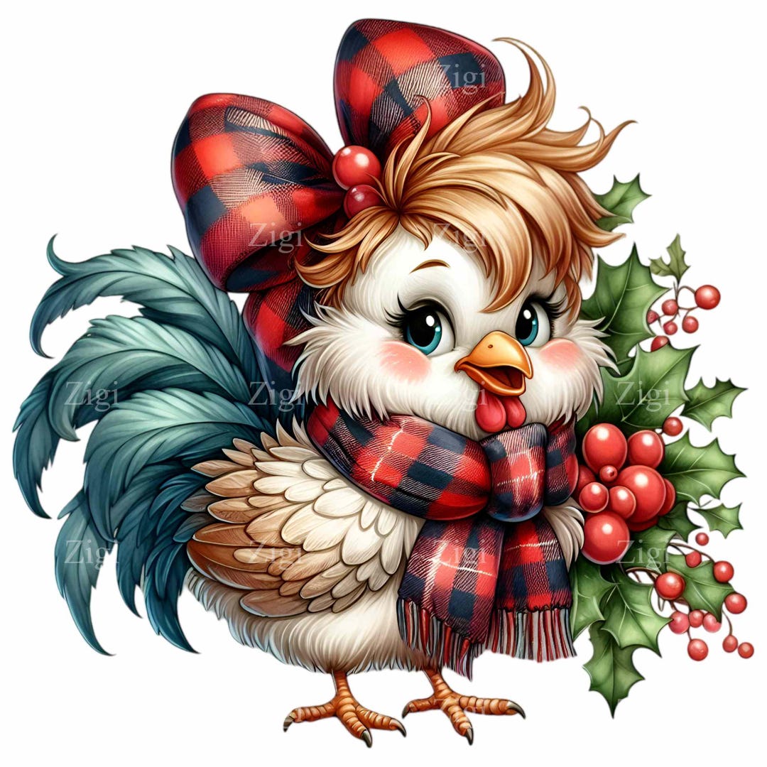 10 Christmas Chicken PNG Clipart – Cute Hen With Red Plaid Bow and ...