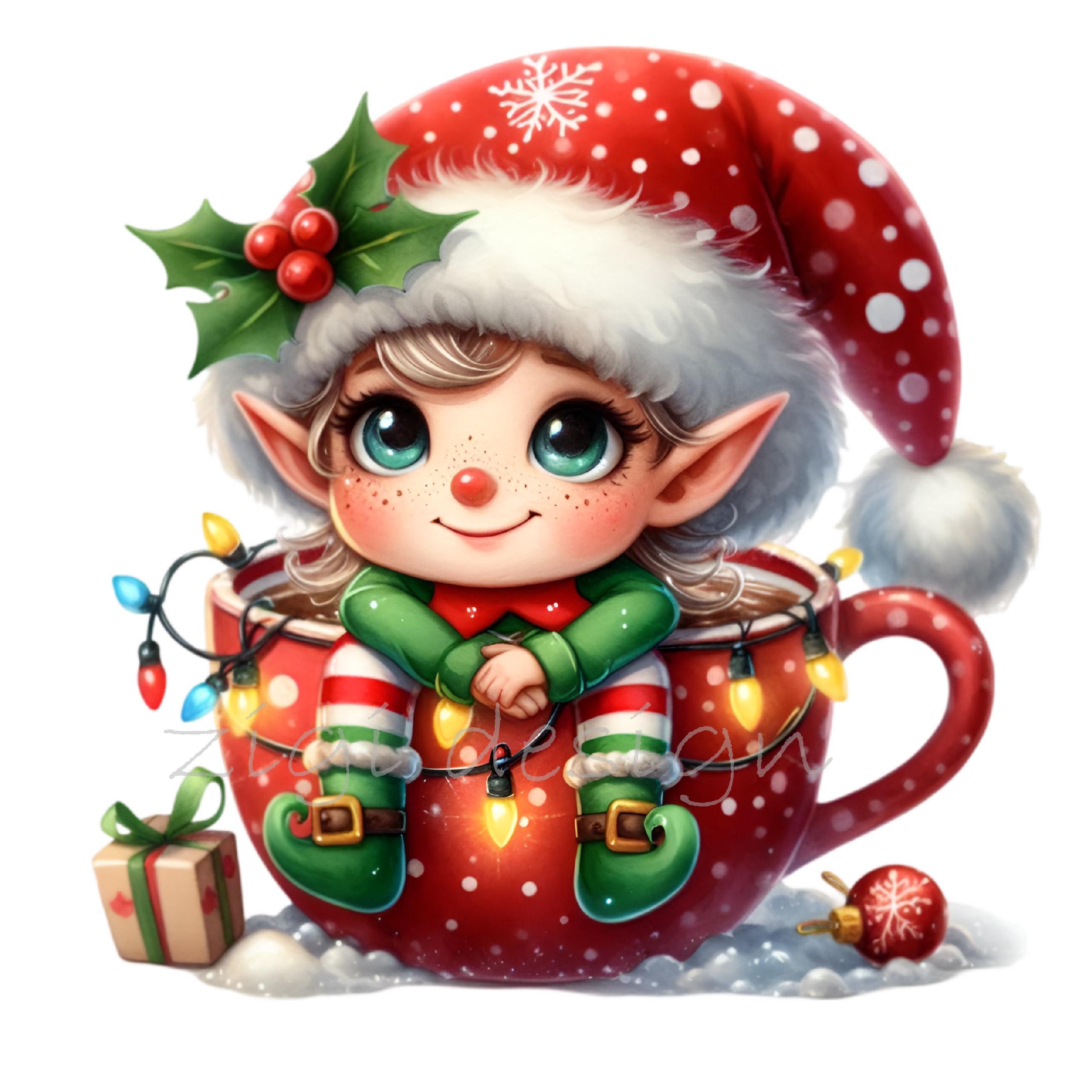 17 PNG Christmas Elf Clipart – Cute Holiday PNG Girl in Mug for Cards ...
