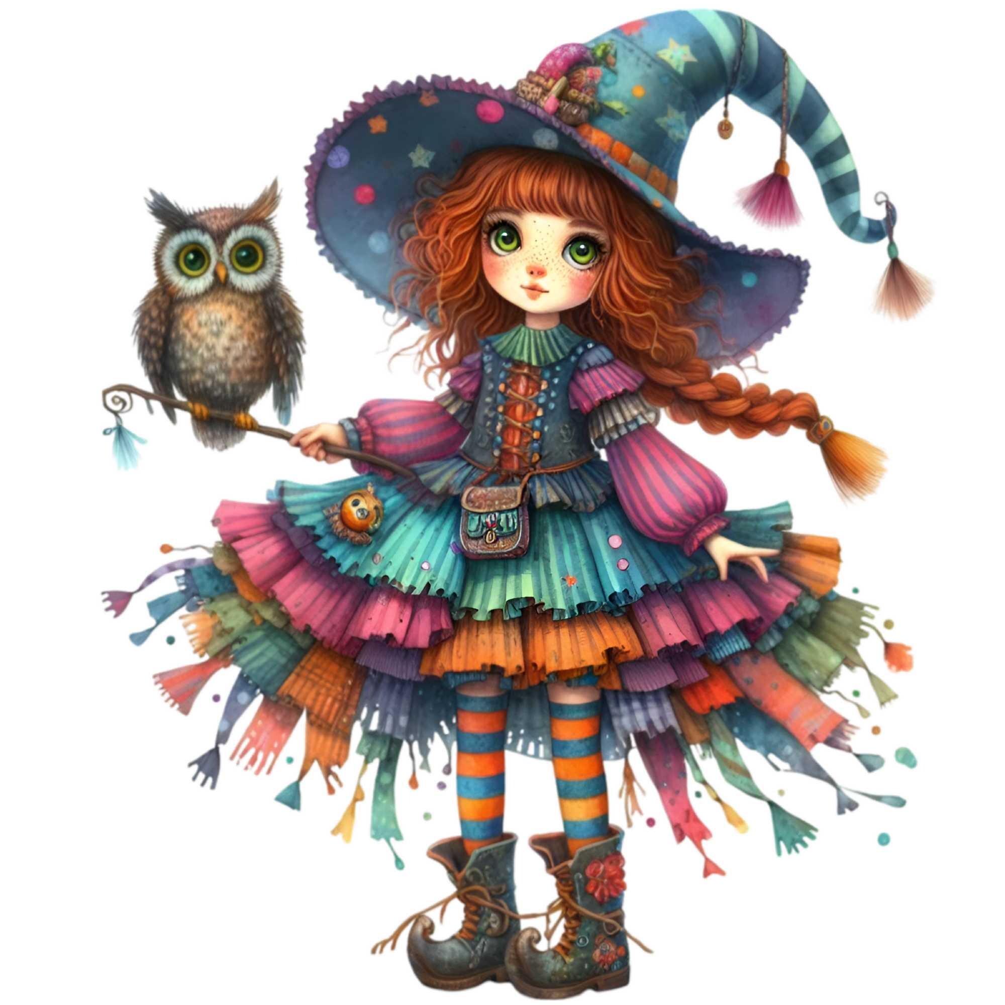 12 PNG Rainbow Witch Clipart – Colorful Fantasy Girl With Owl Digital ...