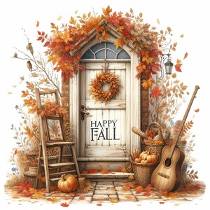 Happy Fall Door PNG Clipart With Autumn Leaves and Pumpkin, 10 Rustic ...