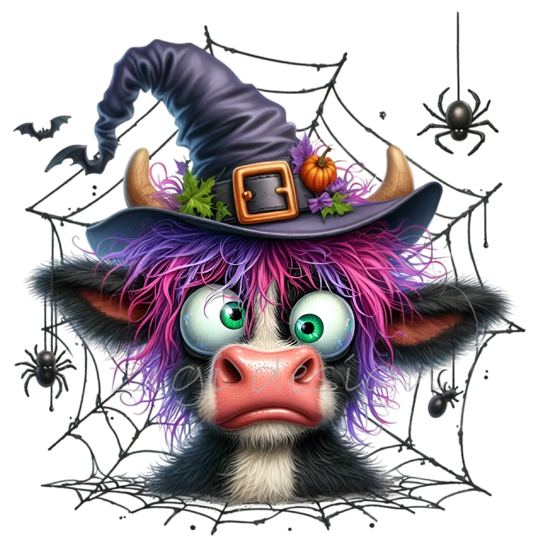 15 Highland Cow Witch Clipart PNG Fluffy Cow in Witch Hat Digital ...