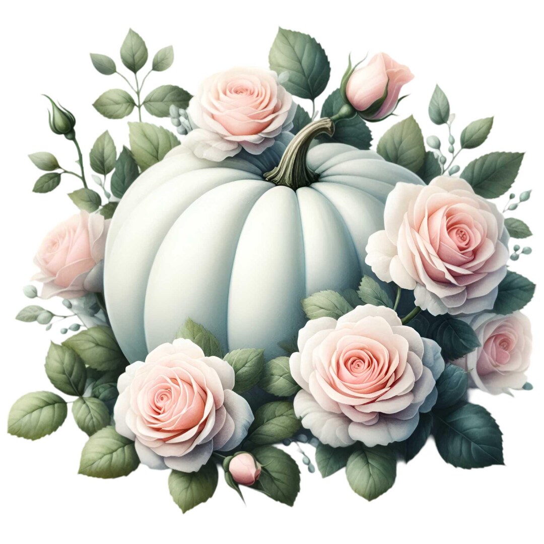 White Pumpkin With Pink Roses Watercolor Clipart 15 Elegant Fall Floral ...