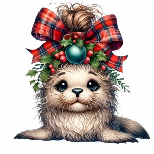 Christmas Seal Pup Clipart PNG 12 Adorable Seal With Plaid Bow, Holly ...