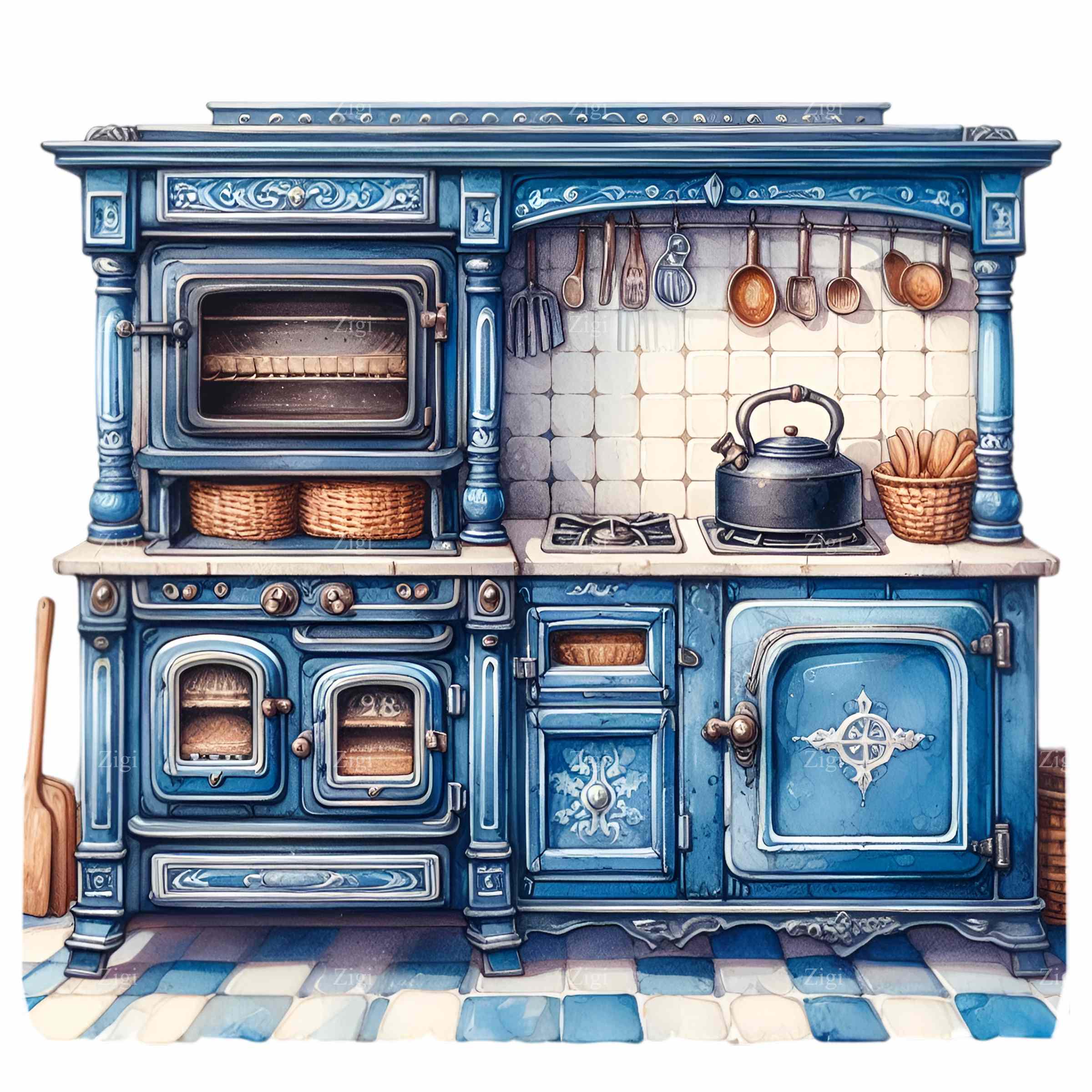 10 Vintage Stove PNG Clipart - Blue Woodburning Oven With Utensils ...