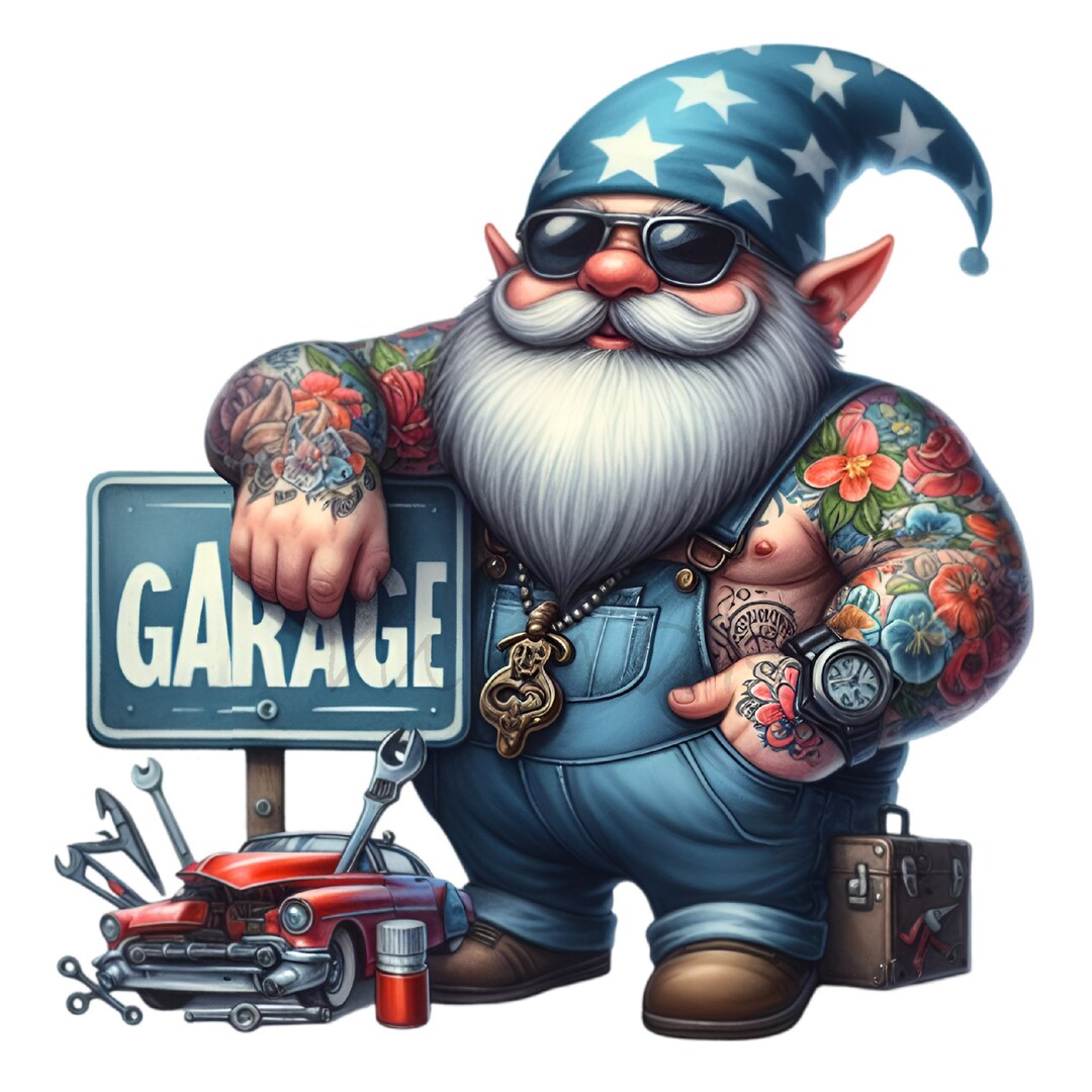 Tattooed Mechanic Gnome Clipart PNG, 10 Cool Garage Gnome Illustration ...
