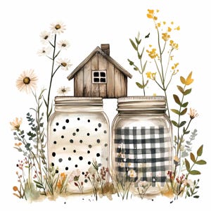 19 PNG Farmhouse Mason Jar, Watercolor Country Flowers, Rustic Cottage ...