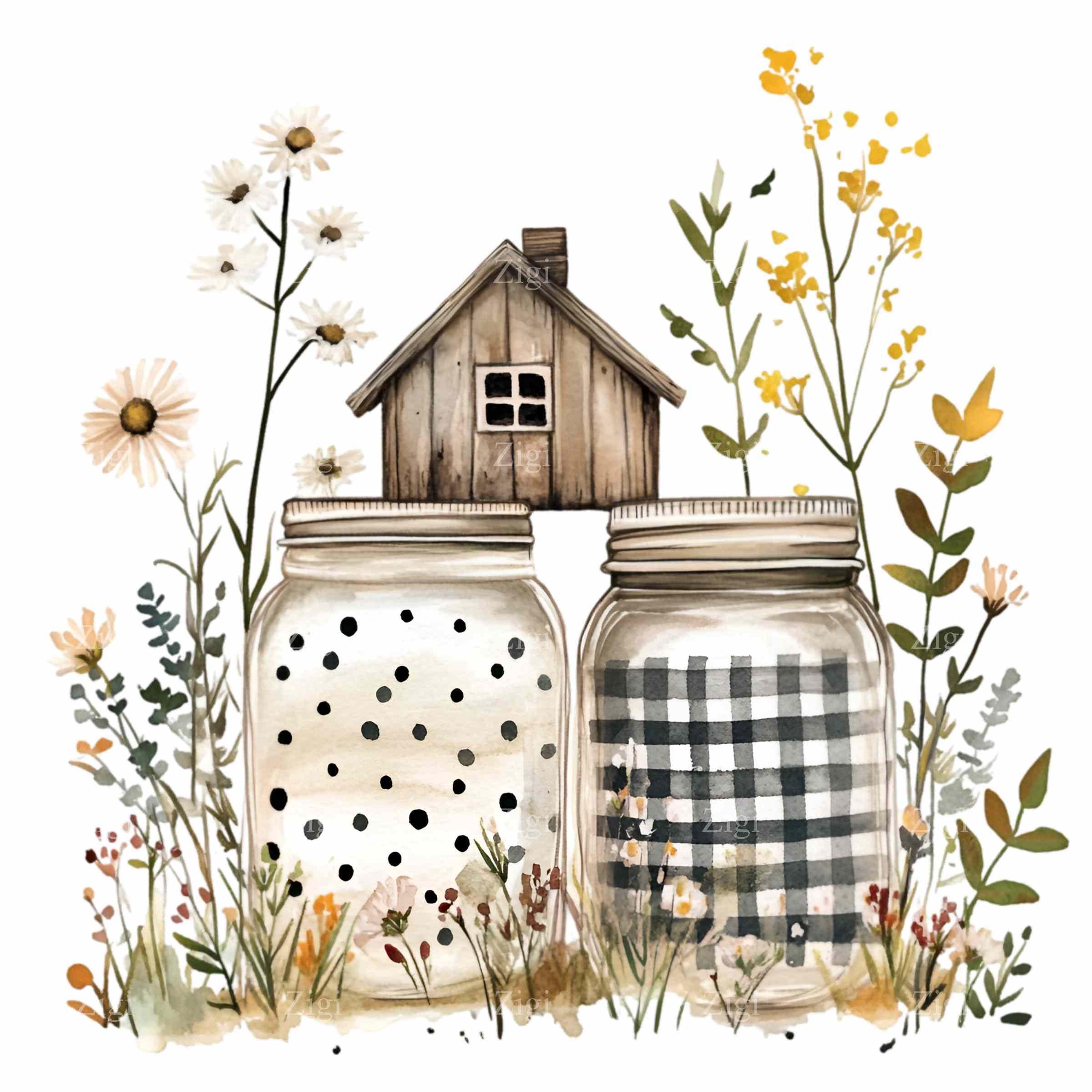 19 PNG Farmhouse Mason Jar, Watercolor Country Flowers, Rustic Cottage ...