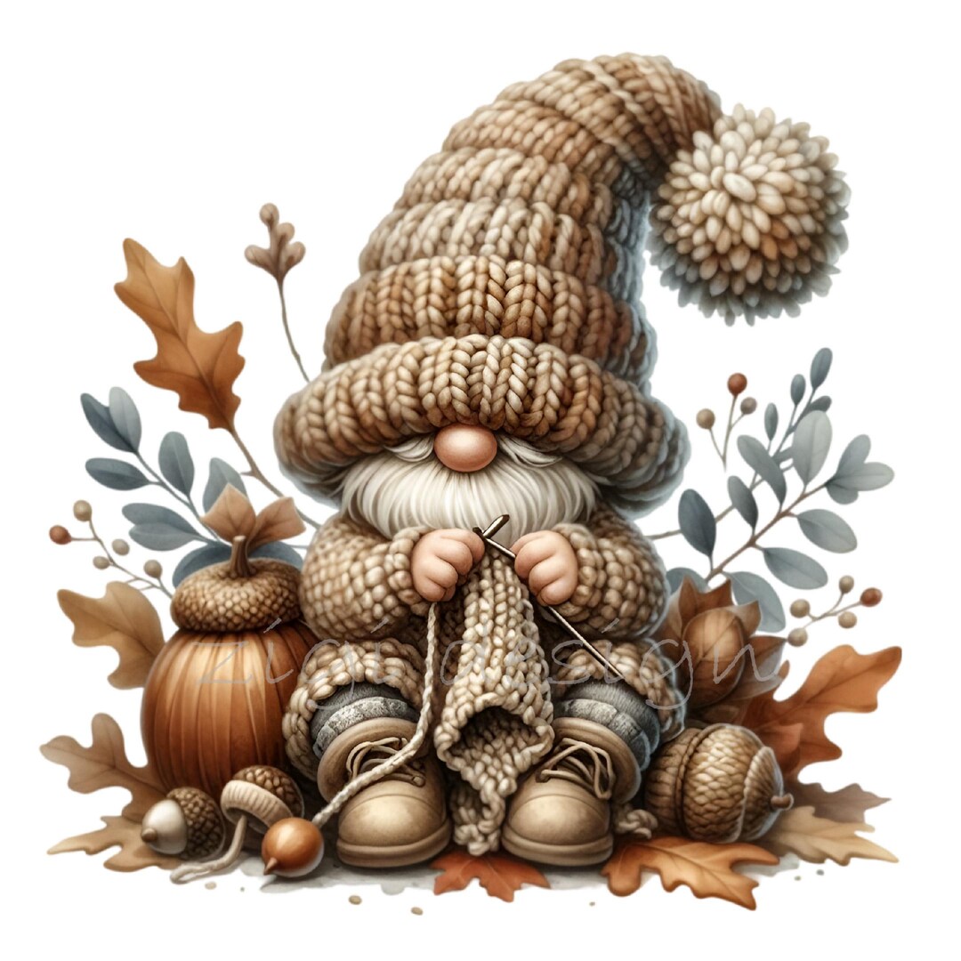 Autumn Gnome Clipart PNG 15 Knitting Gnome With Brown Hat, Fall Leaves ...