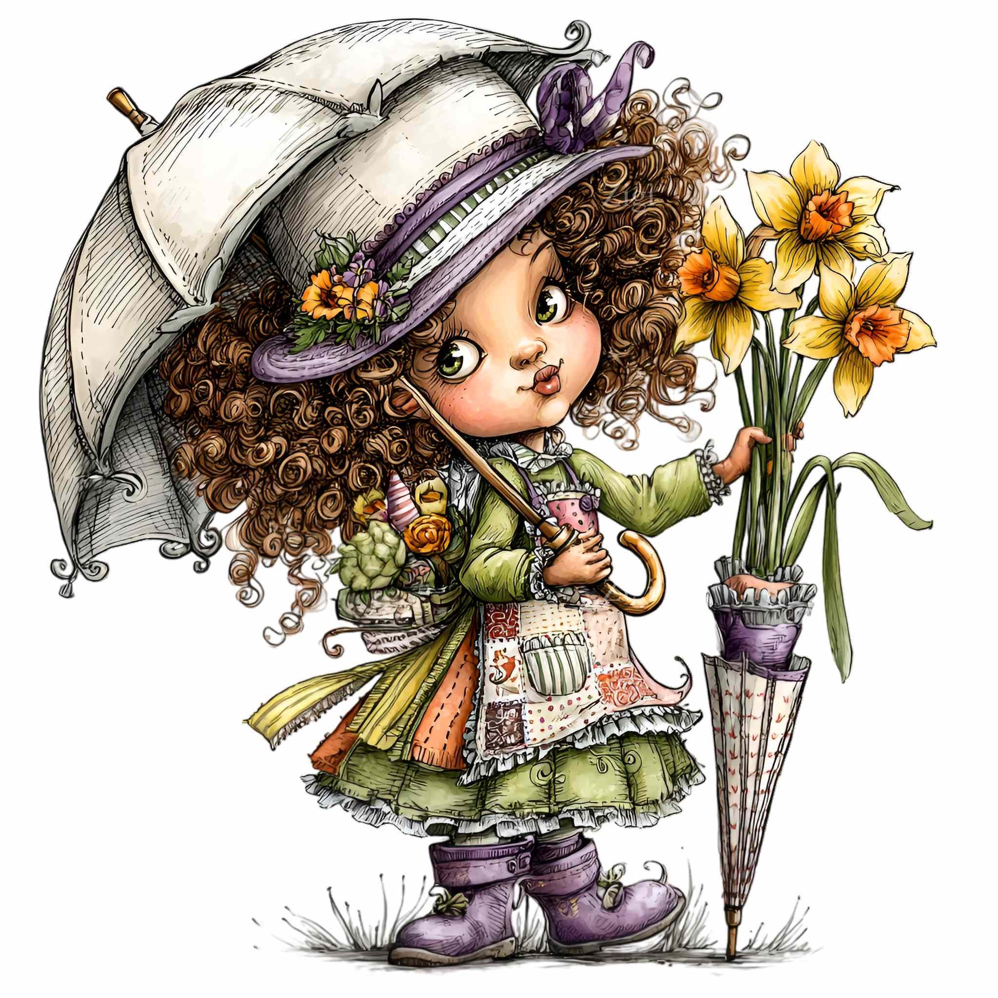 14 PNG Spring Girl Clipart, Vintage Daffodil Illustration, Floral Hat ...