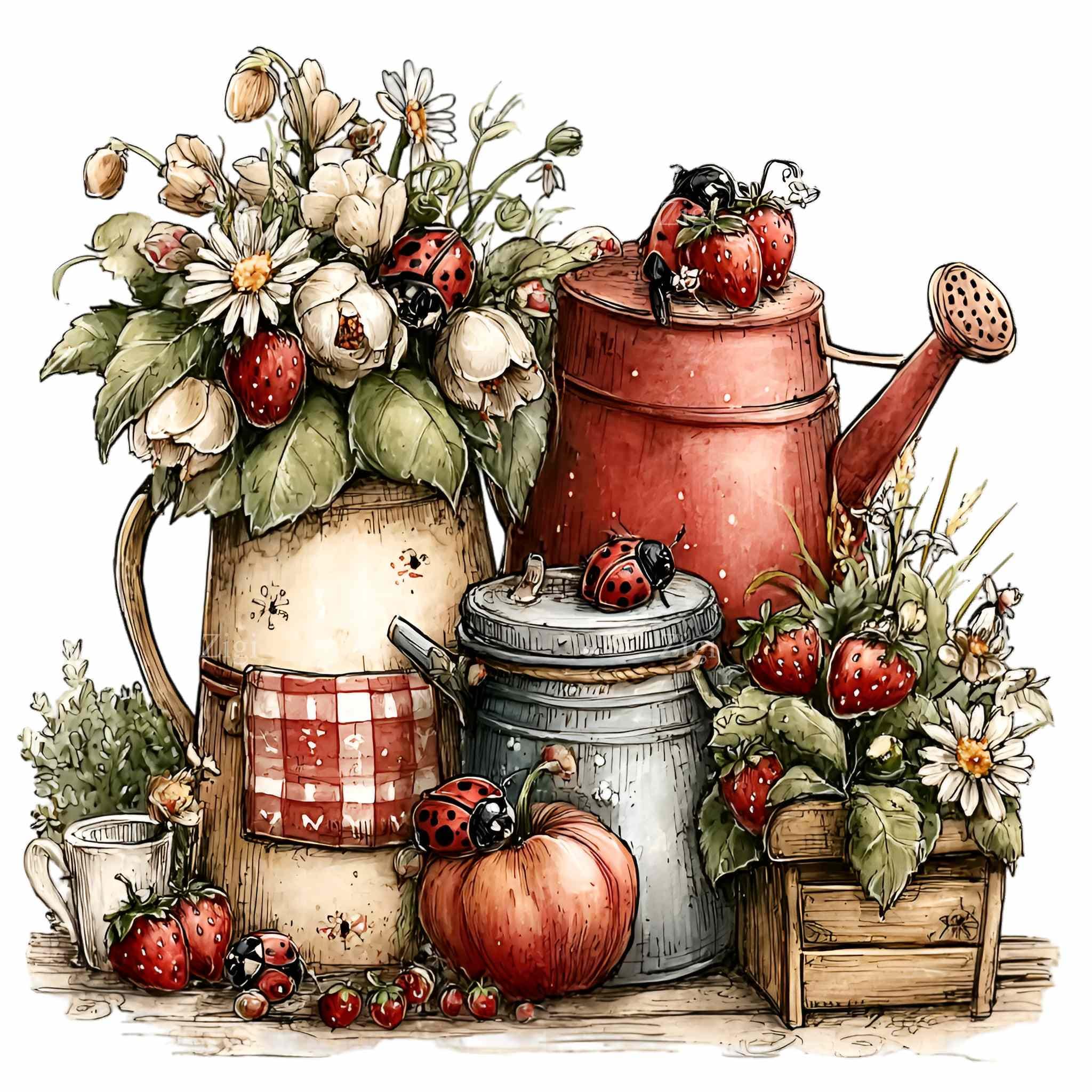 15 PNG Farm Garden Clipart – Rustic Watercolor Tomatoes and Flowers PNG ...