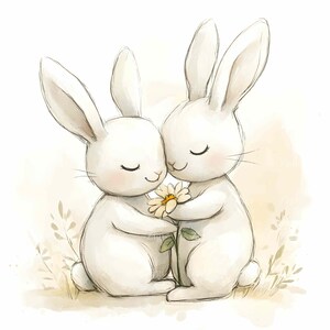 24 JPEG Bunny Pair JPG Clipart, Two Rabbits With Pink Flower ...