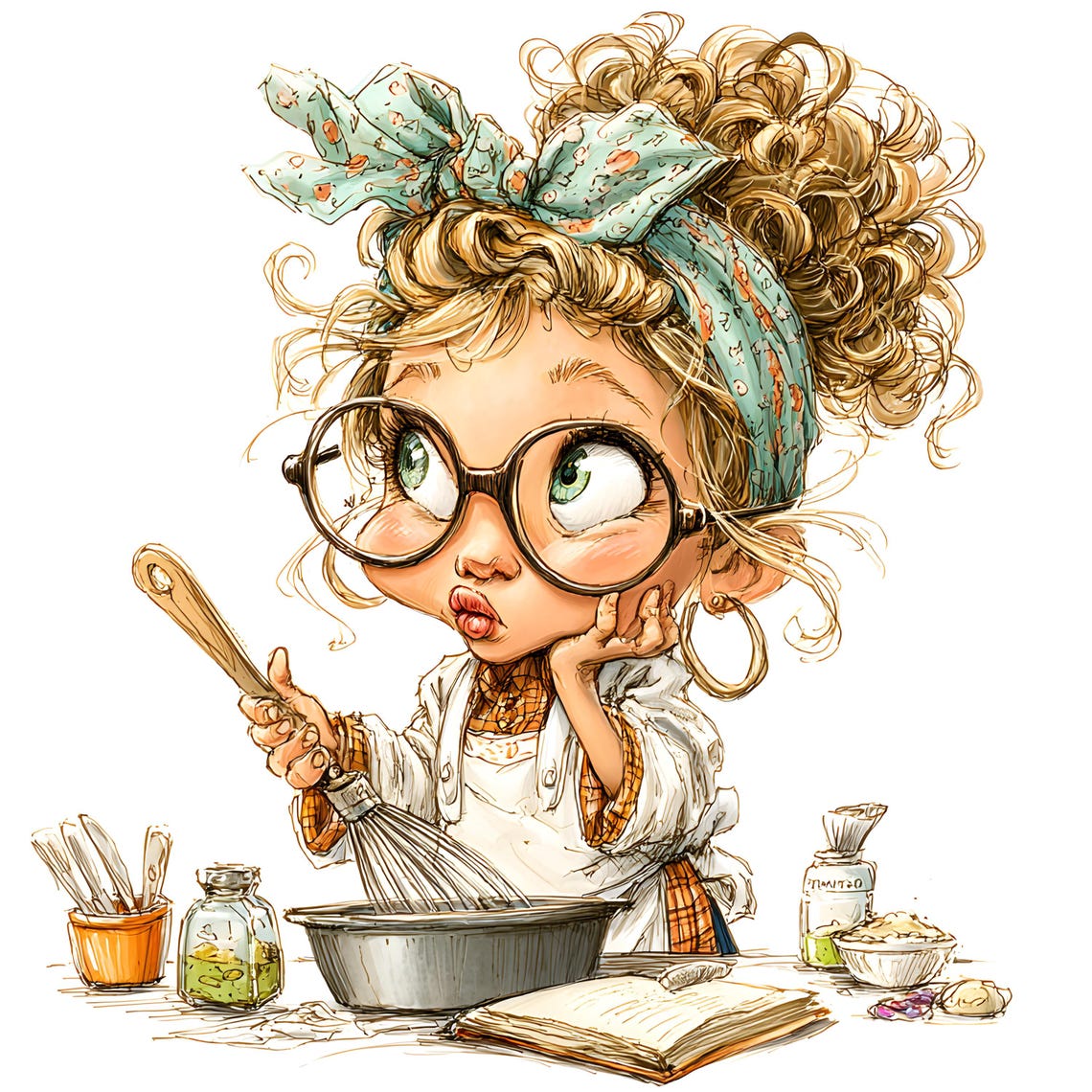 15 JPEG Curly Hair Art – Cute Cooking Girl Clipart – Whimsical Child ...