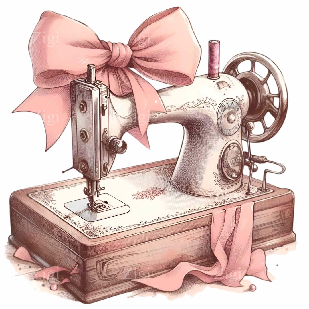 Vintage Sewing Machine Clipart With Pink Bow, 12 Retro Sewing Art ...