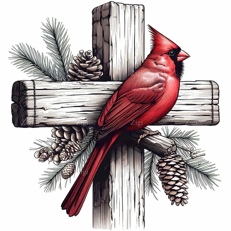 19 JPEG Winter Cardinal – Rustic Cross JPG Clipart – Red Bird With ...
