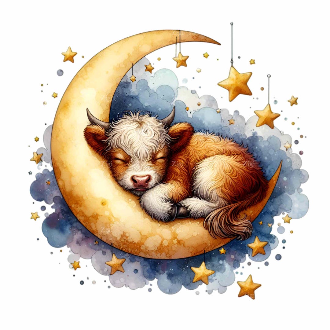 14 Sleeping Baby Cow PNG Clipart, Highland Calf on Moon Watercolor Art ...