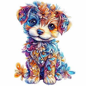 12 Floral Puppy PNG Clipart - Whimsical Dog With Colorful Flowers ...