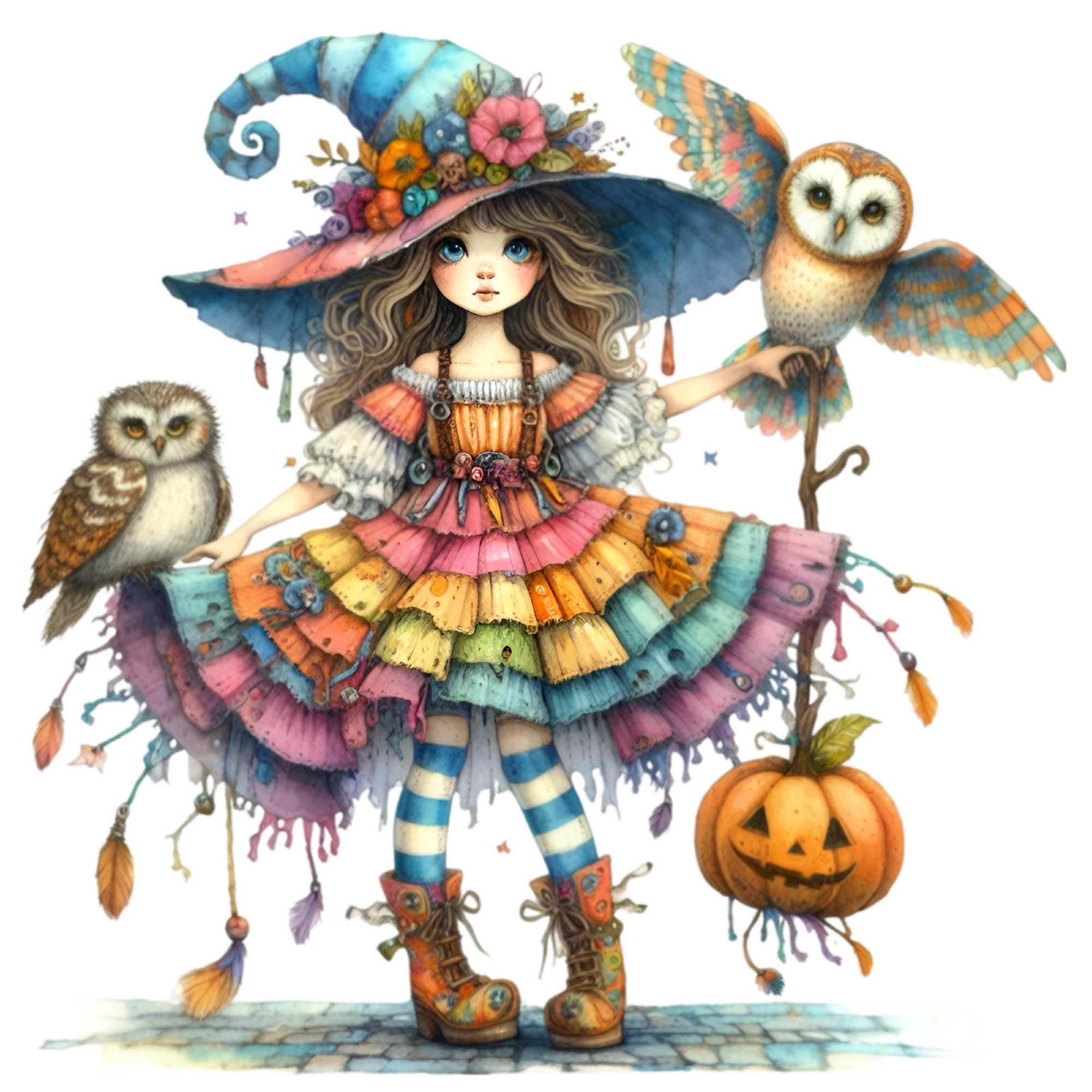 12 PNG Rainbow Witch Clipart – Colorful Fantasy Girl With Owl Digital ...