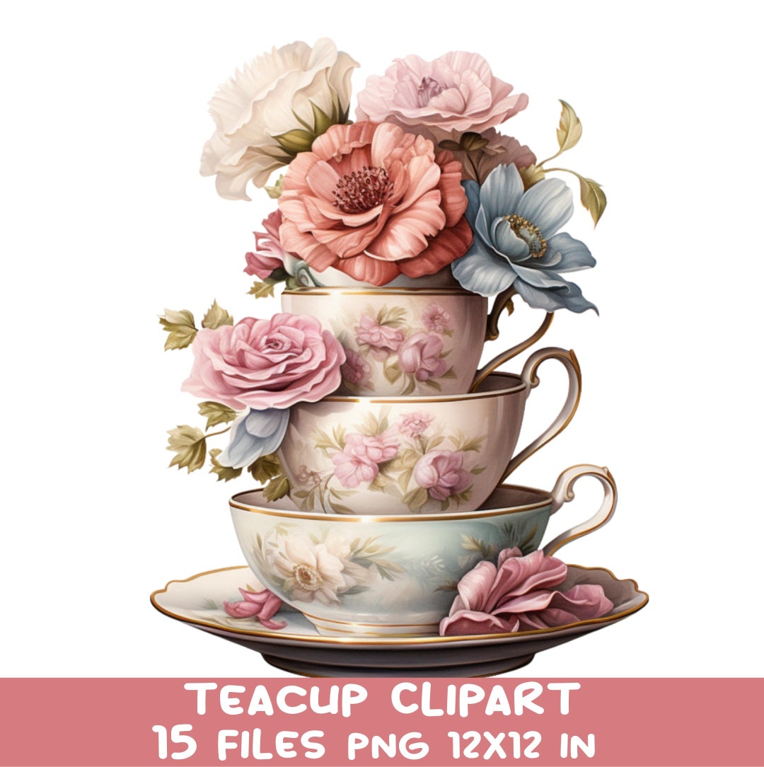 Teacup Clipart PNG, Watercolor Pink Tea Cup Tower Pile With Flowers ...