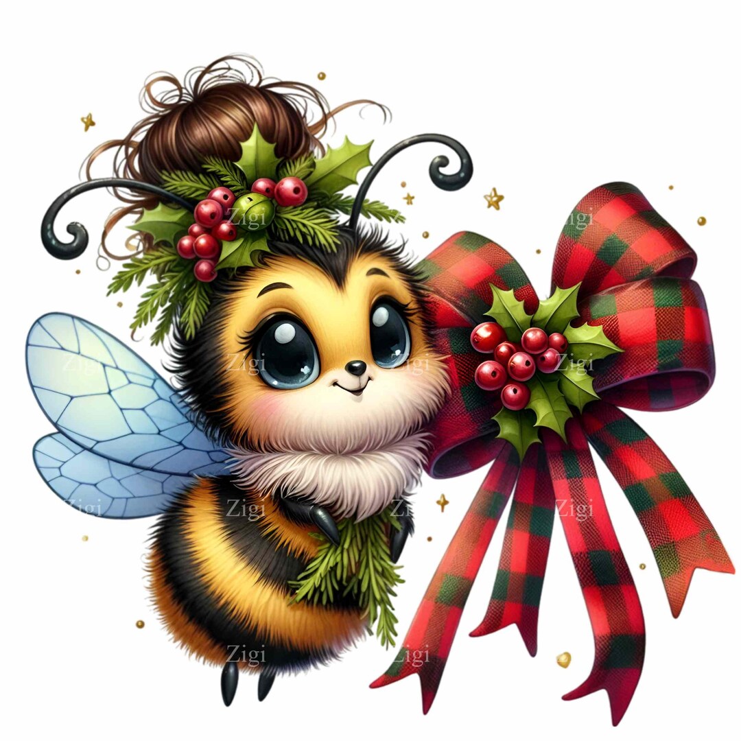10 PNG Christmas Bee Clipart PNG | Cute Bumblebee With Holly & Bow ...