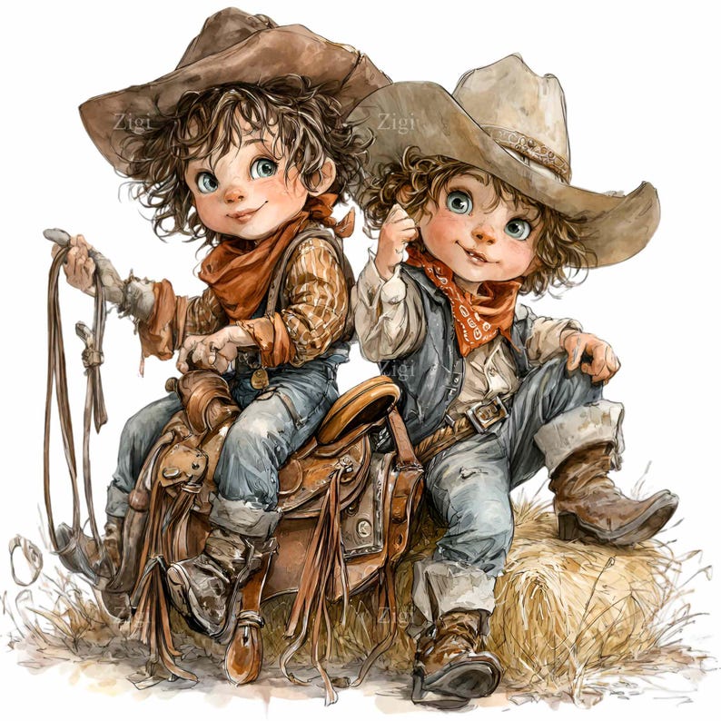 15 PNG Cowboy Kids Clipart, Western Children Illustration, Watercolor ...