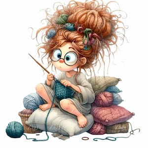 Knitting Girl Clipart With Yarn - 12 Watercolor Illustration of Girl ...