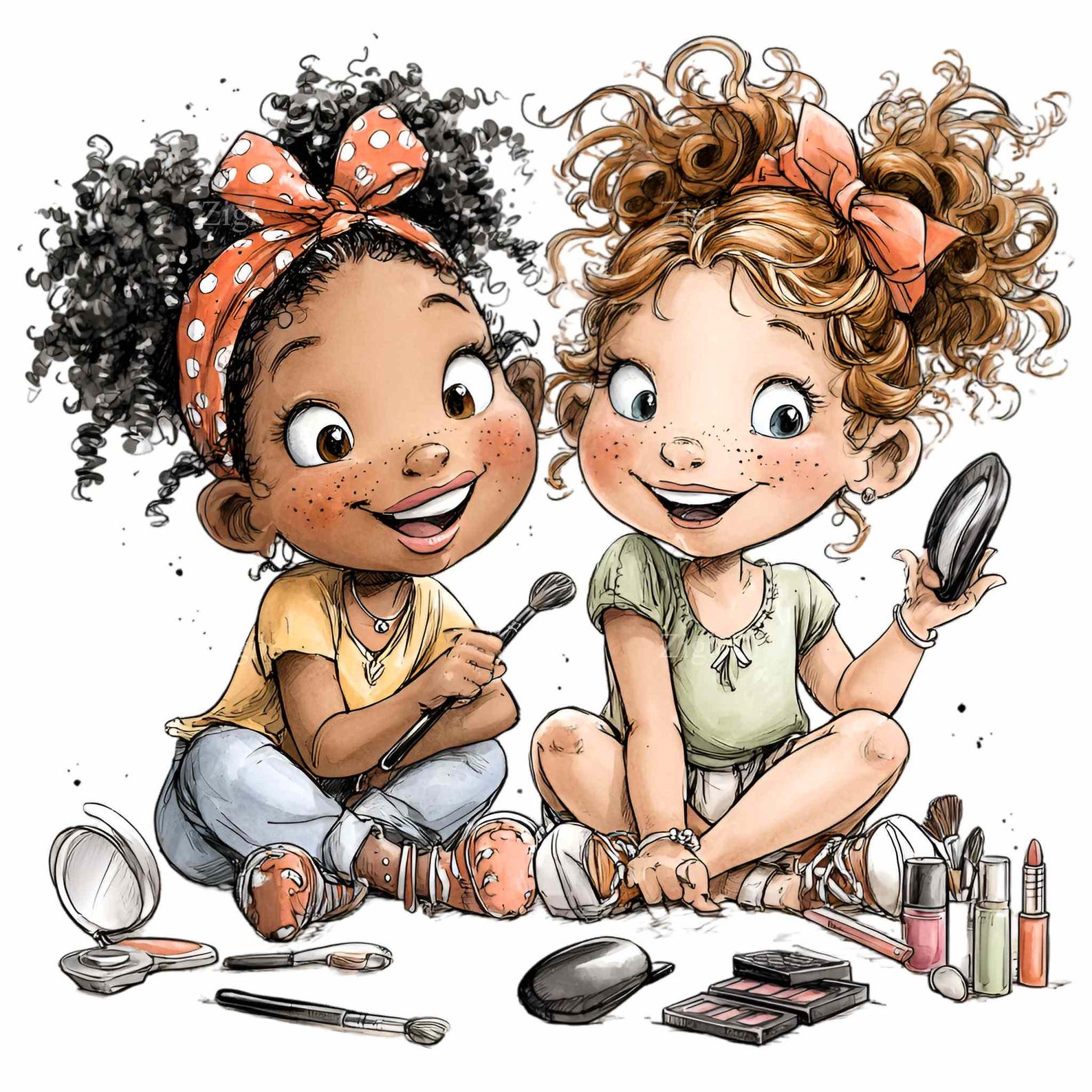 14 PNG Makeup Girls Clipart – Cute Cartoon Kids With Brushes and Mirror ...